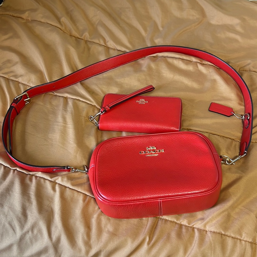 Coach Red Pebbled Leather Crossbody Bag & Wristlet - Gem